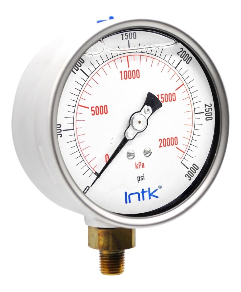 4” Liquid filled, pressure gauge, 1/4” NPT, bottom connection, 0 to 3000 psi-kPa | Instrutek